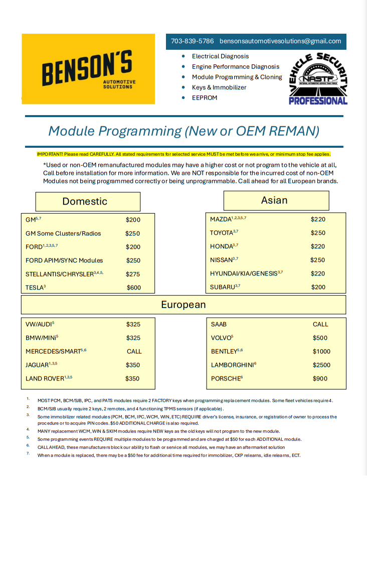 Pricing – Benson's Automotive Solutions